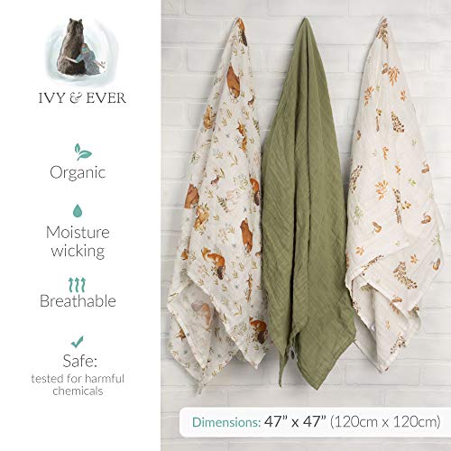 IVY & EVER Organic Cotton Muslin Swaddle Blankets Unisex - Woodland Baby Swaddle Wrap Nursery Receiving Blankets Neutral - Baby Swaddle Blanket 47 x 47 inches Woodland Receiving Blankets 3 Pack