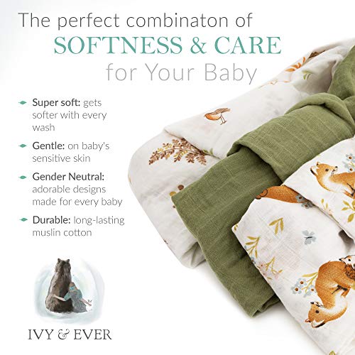 IVY & EVER Organic Cotton Muslin Swaddle Blankets Unisex - Woodland Baby Swaddle Wrap Nursery Receiving Blankets Neutral - Baby Swaddle Blanket 47 x 47 inches Woodland Receiving Blankets 3 Pack