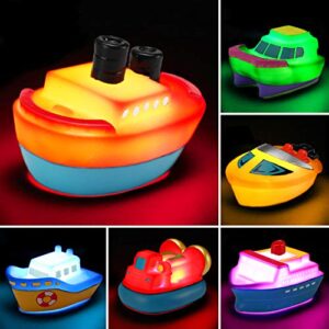 bath toys, 6 packs light up boat floating rubber set, flashing color changing light in water, tub gift for baby infant toddler child kid, bathtub ship toy for bathroom shower game swimming pool party