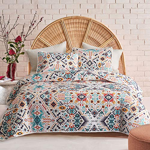 FlySheep 3-Piece Lightweight Bohemian Geometric Full Queen Quilt Set, Colorful Chic Aztec Pattern Summer Bedspread/Coverlet, Brushed Microfiber for All Season - 92" x 90"