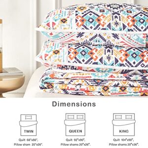 FlySheep 3-Piece Lightweight Bohemian Geometric Full Queen Quilt Set, Colorful Chic Aztec Pattern Summer Bedspread/Coverlet, Brushed Microfiber for All Season - 92" x 90"