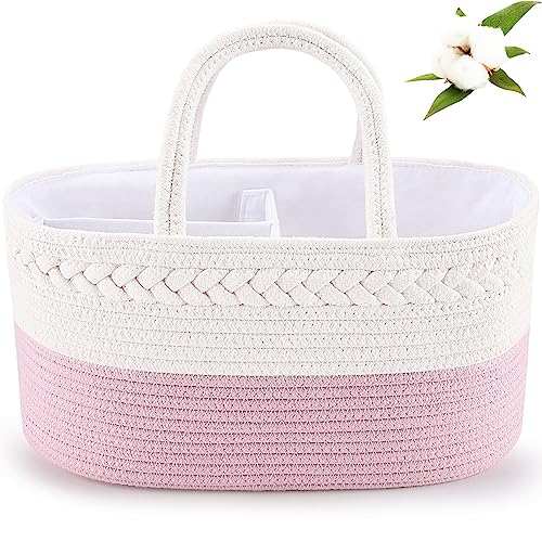 ABenkle Diaper Caddy Organizer, Stylish Cotton Rope Baby Basket Changing Table Nursery Storage Bin Portable Car Organizer, Girls Gifts Tote Bag for Baby Shower, Pink