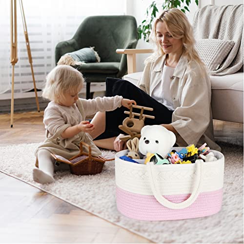 ABenkle Diaper Caddy Organizer, Stylish Cotton Rope Baby Basket Changing Table Nursery Storage Bin Portable Car Organizer, Girls Gifts Tote Bag for Baby Shower, Pink