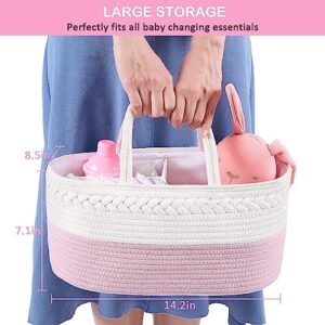 ABenkle Diaper Caddy Organizer, Stylish Cotton Rope Baby Basket Changing Table Nursery Storage Bin Portable Car Organizer, Girls Gifts Tote Bag for Baby Shower, Pink