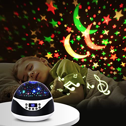 RTOSY Stars Night Light Projector with Timer & Music, Remote Control Projection Lamp for Kids, Rotating Kids Night Lights for Bedroom, Sleep Helper and Gift Choice for Babies Girls Boys (Black)