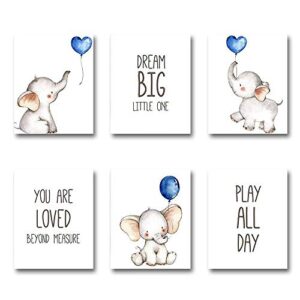 imagitek set of 6 unframed baby boy nursery wall art prints, blue elephant nursery wall decor, elephants with blue balloons wall art decorations for baby boy nursery, boy's room (8" x 10")