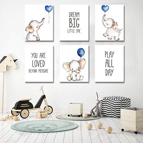 iMagitek Set of 6 Unframed Baby Boy Nursery Wall Art Prints, Blue Elephant Nursery Wall Decor, Elephants with Blue Balloons Wall Art Decorations for Baby Boy Nursery, Boy's Room (8" x 10")