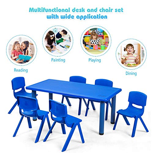 Costzon Kids Table and Chair Set, 6 Pcs Stackable Chairs, 47 x 23.5 Inch Rectangular Plastic Activity Table Set for Children Reading Drawing Playing Snack Time, Toddler School Furniture (Blue)