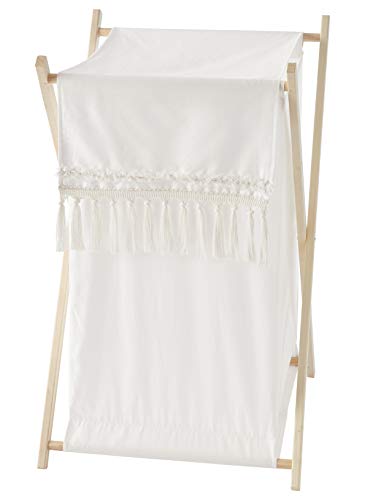 Sweet Jojo Designs Ivory Neutral Boho Bohemian Baby Kid Clothes Laundry Hamper - Solid Color Beige Cream Off White Farmhouse Chic Unisex Minimalist Tassel Fringe Macrame Cotton Gender Neutral