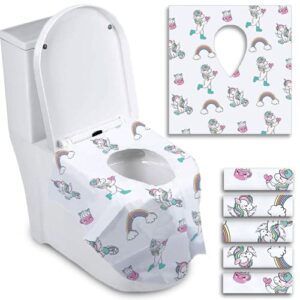 disposable toilet seat covers for toddlers, extra large individually wrapped unicorn paper potty training liners for kids, portable, flushable with non-slip adhesives, potty shields, airplane & travel