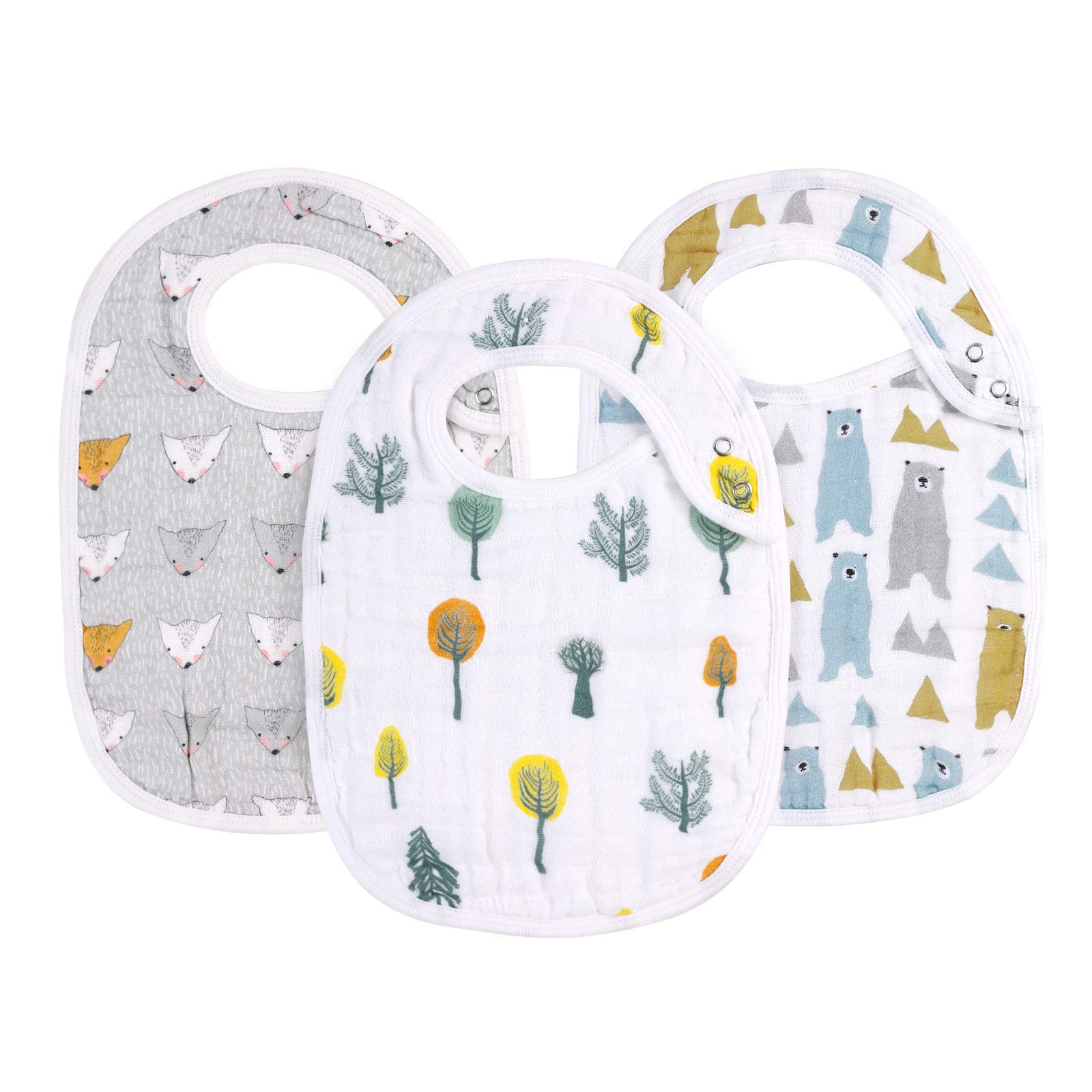 Snap Muslin Bibs for Boys & Girls, 3-Pack Baby Bibs for Infants, Newborns and Toddlers, 100% Cotton Muslin Absorbent & Soft Layers, Adjustable Snaps, “Bear,Hedgehog,Tree”