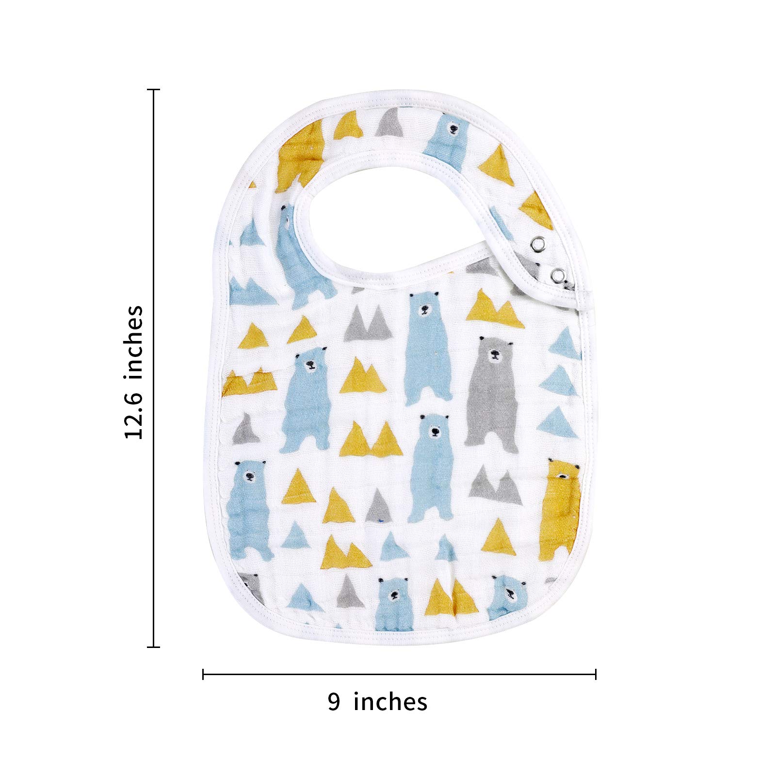 Snap Muslin Bibs for Boys & Girls, 3-Pack Baby Bibs for Infants, Newborns and Toddlers, 100% Cotton Muslin Absorbent & Soft Layers, Adjustable Snaps, “Bear,Hedgehog,Tree”