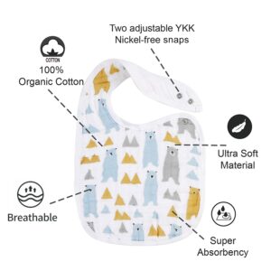 Snap Muslin Bibs for Boys & Girls, 3-Pack Baby Bibs for Infants, Newborns and Toddlers, 100% Cotton Muslin Absorbent & Soft Layers, Adjustable Snaps, “Bear,Hedgehog,Tree”