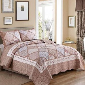 vivilinen patchwork quilt set full queen size 3-piece pink floral reversible quilted bedspread coverlet set lightweight stitched comforter bedding set bed sheet set cover blanket with 2 pillow shams