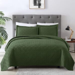 exq home quilt set full queen size olive green 3 piece,lightweight soft coverlet modern style squares pattern bedspread set(1 quilt,2 pillow shams)