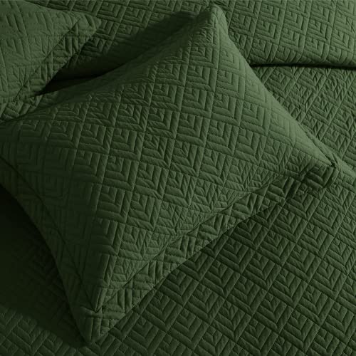 EXQ Home Quilt Set Full Queen Size Olive Green 3 Piece,Lightweight Soft Coverlet Modern Style Squares Pattern Bedspread Set(1 Quilt,2 Pillow Shams)