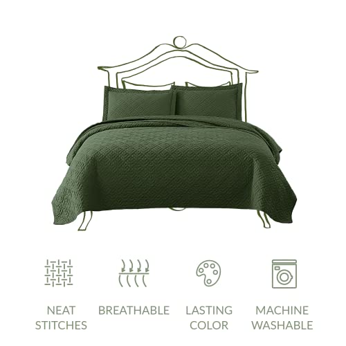 EXQ Home Quilt Set Full Queen Size Olive Green 3 Piece,Lightweight Soft Coverlet Modern Style Squares Pattern Bedspread Set(1 Quilt,2 Pillow Shams)