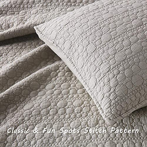 Quilt Set King Size Beige, Classic Geometric Spots Stitched Pattern, Stone-Washed Microfiber Chic Rustic Look, Ultra Soft Lightweight Quilted Bedspread for All Season, 3 Pieces