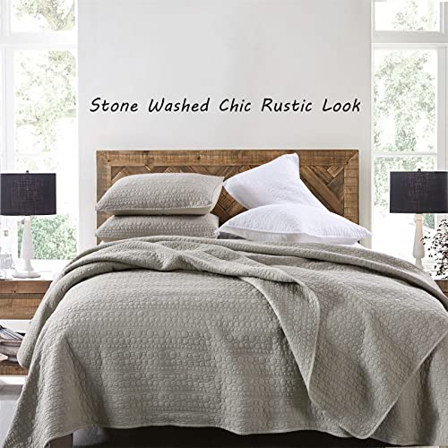 Quilt Set King Size Beige, Classic Geometric Spots Stitched Pattern, Stone-Washed Microfiber Chic Rustic Look, Ultra Soft Lightweight Quilted Bedspread for All Season, 3 Pieces