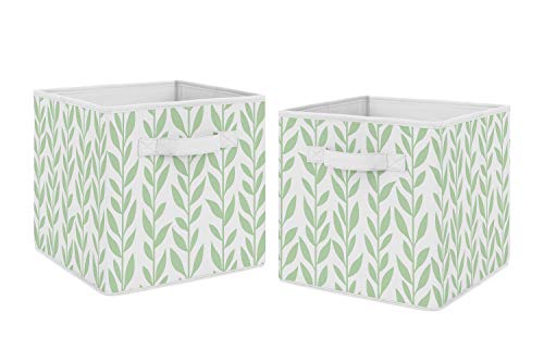 Sweet Jojo Designs Green and White Floral Leaf Foldable Fabric Storage Cube Bins Boxes Organizer Toys Kids Baby Childrens - Set of 2 - for The Boho Farmhouse Sunflower Collection