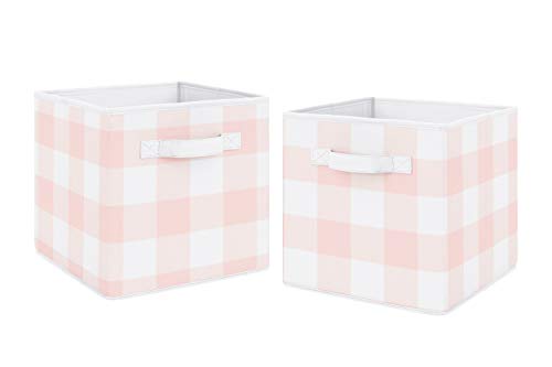 Sweet Jojo Designs Pink Buffalo Plaid Check Foldable Fabric Storage Cube Bins Boxes Organizer Toys Kids Baby Childrens - Set of 2 - Blush and White Shabby Chic Woodland Rustic Country Farmhouse