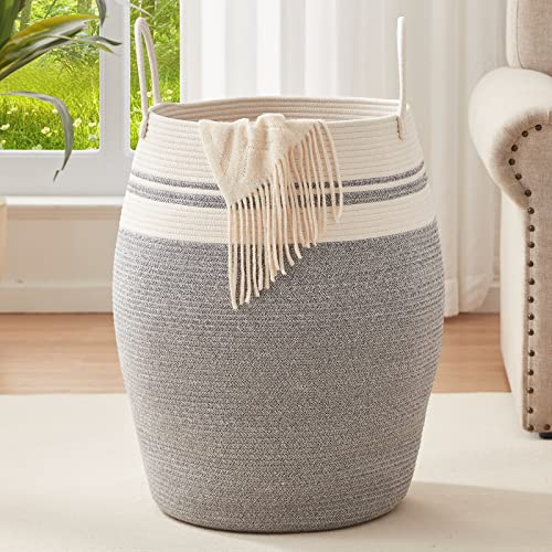 OIAHOMY Laundry Hamper Woven Cotton Rope Large Clothes Hamper 25.6" Height Modern Curve Basket with Extended Cotton Handles for Storage Clothes Toys in Bedroom, Bathroom, Foldable (White & light grey)