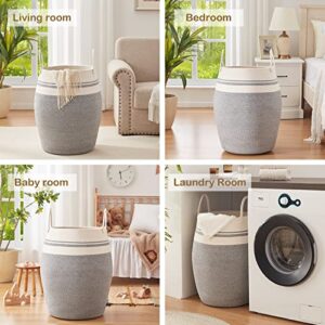 OIAHOMY Laundry Hamper Woven Cotton Rope Large Clothes Hamper 25.6" Height Modern Curve Basket with Extended Cotton Handles for Storage Clothes Toys in Bedroom, Bathroom, Foldable (White & light grey)