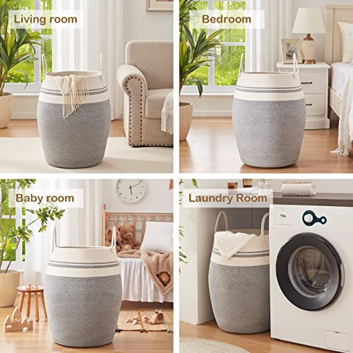 OIAHOMY Laundry Hamper Woven Cotton Rope Large Clothes Hamper 25.6" Height Modern Curve Basket with Extended Cotton Handles for Storage Clothes Toys in Bedroom, Bathroom, Foldable (White & light grey)