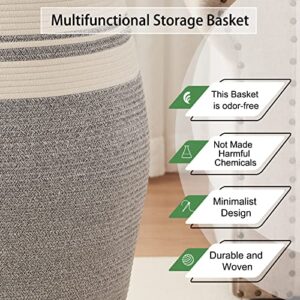 OIAHOMY Laundry Hamper Woven Cotton Rope Large Clothes Hamper 25.6" Height Modern Curve Basket with Extended Cotton Handles for Storage Clothes Toys in Bedroom, Bathroom, Foldable (White & light grey)