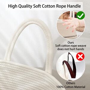 OIAHOMY Laundry Hamper Woven Cotton Rope Large Clothes Hamper 25.6" Height Modern Curve Basket with Extended Cotton Handles for Storage Clothes Toys in Bedroom, Bathroom, Foldable (White & light grey)