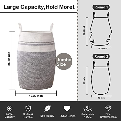 OIAHOMY Laundry Hamper Woven Cotton Rope Large Clothes Hamper 25.6" Height Modern Curve Basket with Extended Cotton Handles for Storage Clothes Toys in Bedroom, Bathroom, Foldable (White & light grey)