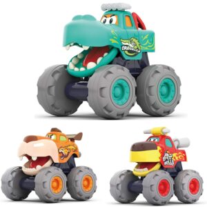 moontoy toy cars for 1 2 3 year old boys, 3 pack friction powered cars pull back toy cars set - bull truck, leopard truck, crocodile trucks, push and go toy cars for toddler boys baby gift.