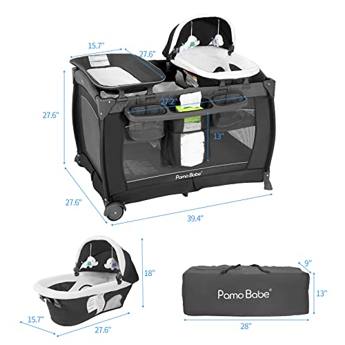 Pamo Babe Playard Deluxe Nursery Center, Foldable Playpen for Baby & Toddler, Bassinet, Mattress, Changing Table for Newborn (Grey)