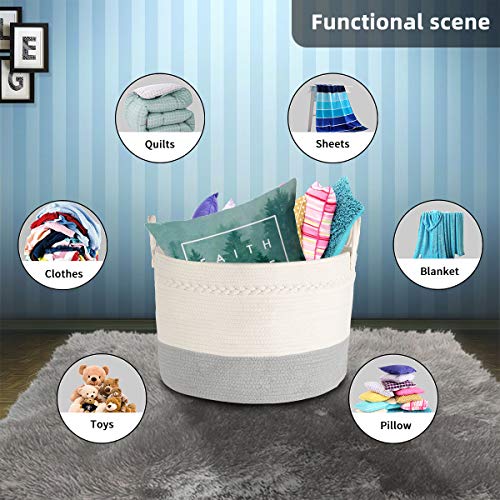 Clubasket 2 Pcs Cotton Rope Basket Large Woven Storage Basket Blanket Basket Living Room Laundry Basket Hamper Storage Bins Toy Basket for Home (Grey&White 20x13'')