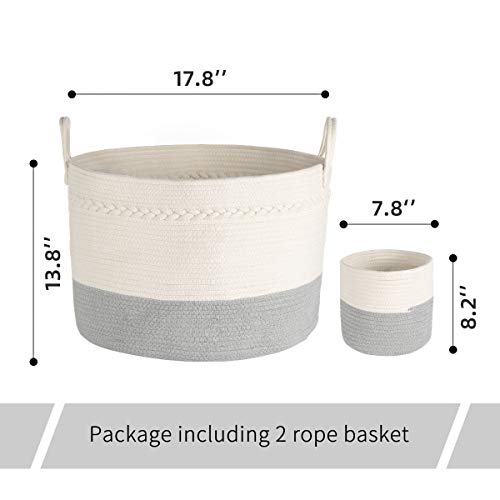 Clubasket 2 Pcs Cotton Rope Basket Large Woven Storage Basket Blanket Basket Living Room Laundry Basket Hamper Storage Bins Toy Basket for Home (Grey&White 20x13'')