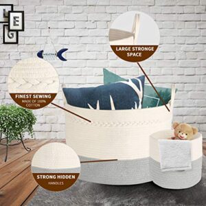 Clubasket 2 Pcs Cotton Rope Basket Large Woven Storage Basket Blanket Basket Living Room Laundry Basket Hamper Storage Bins Toy Basket for Home (Grey&White 20x13'')