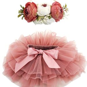 BGFKS Baby Girls Soft Fluffy Tutu Skirt with Diaper Cover,Toddler Girl Tutu Skirt Sets with Flower Headband Dusty Rose