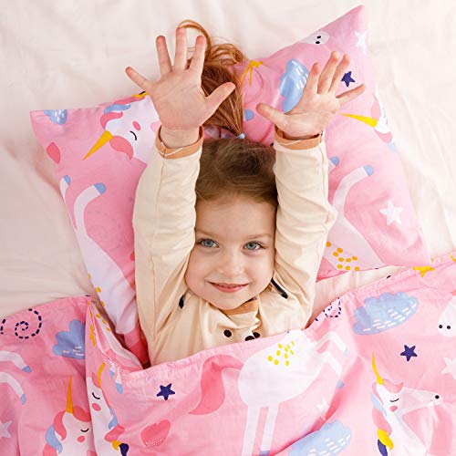 Toddler Pillow with Organic Cotton Pillowcase Set 14x19, Pink Unicorn Kids Pillows for Sleeping, Girls Breathable Pillow with Pillow Cover for Kids Sleeping, Machine Washable