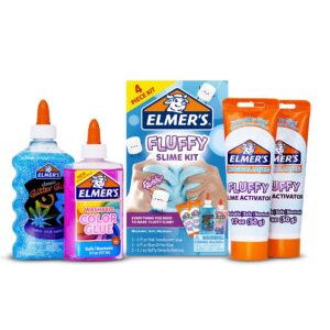 elmer’s fluffy slime kit, includes elmer’s translucent color glue, elmer’s glitter glue, elmer’s fluffy slime activator, 4 count