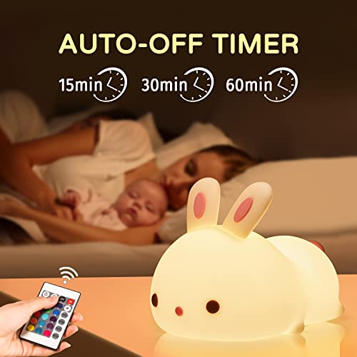 Mubarek Bunny Night Light for Kids, Remote Timer Kids Night Light Baby Night Light, 16 Color Changing Cute Night Light Lamp, Rechargeable Silicone Cute Stuff Nursery Lamp, Night Lights for Kids Room