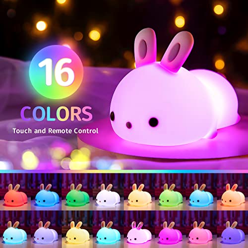 Mubarek Bunny Night Light for Kids, Remote Timer Kids Night Light Baby Night Light, 16 Color Changing Cute Night Light Lamp, Rechargeable Silicone Cute Stuff Nursery Lamp, Night Lights for Kids Room