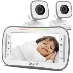 axvue video baby monitor, comfortable slim design handheld enclosure, 4.3" screen monitor & 2 camera, range up to 1000ft, 12 hour battery life, 2-way talk, night vision, temperature monitor, no wifi.