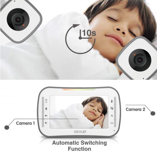 Axvue Video Baby Monitor, Comfortable Slim Design Handheld Enclosure, 4.3" Screen Monitor & 2 Camera, Range up to 1000ft, 12 Hour Battery Life, 2-Way Talk, Night Vision, Temperature Monitor, No WiFi.