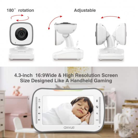 Axvue Video Baby Monitor, Comfortable Slim Design Handheld Enclosure, 4.3" Screen Monitor & 2 Camera, Range up to 1000ft, 12 Hour Battery Life, 2-Way Talk, Night Vision, Temperature Monitor, No WiFi.