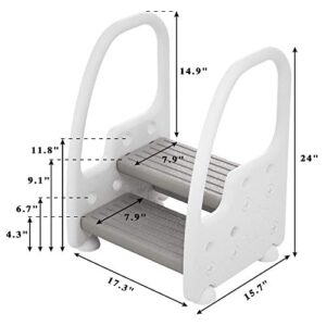 Two Step Stool with Handle for Toddler and Kids, Reaching Bathroom Sink, Toilet Potty Training (Gray, Height Adjustable)