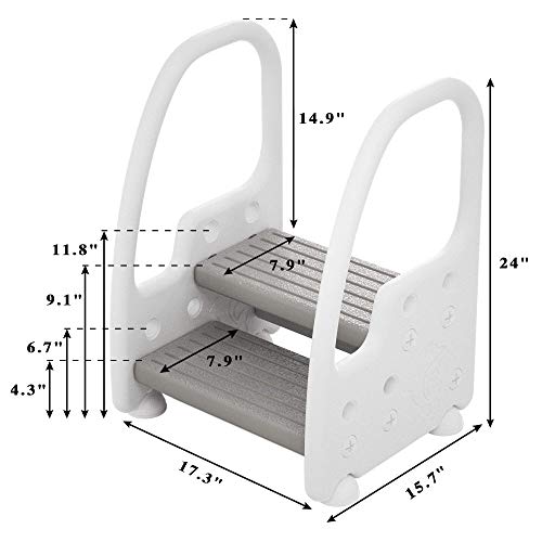 Two Step Stool with Handle for Toddler and Kids, Reaching Bathroom Sink, Toilet Potty Training (Gray, Height Adjustable)