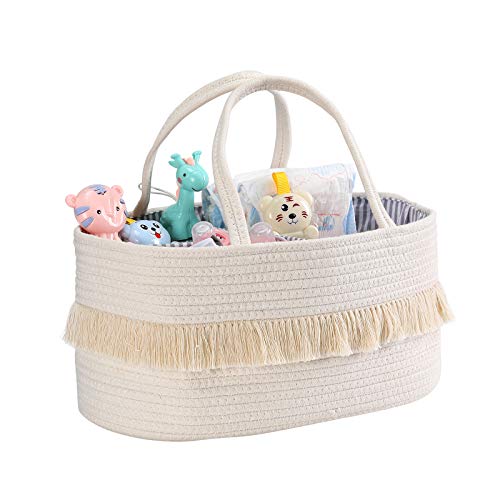 Mecaly Baby Diaper Caddy Organizer, Large Cotton Rope Diaper Basket for Baby Shower Gifts, Portable Nursery Storage Bin with 2 Inner Pockets and Removable Inserts for Changing Table &Car (Beige)