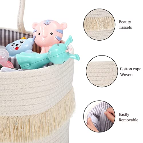 Mecaly Baby Diaper Caddy Organizer, Large Cotton Rope Diaper Basket for Baby Shower Gifts, Portable Nursery Storage Bin with 2 Inner Pockets and Removable Inserts for Changing Table &Car (Beige)