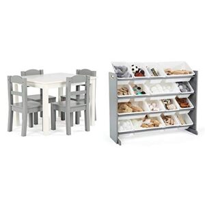 humble crew kids wood table 4 chairs set, white/grey & supersized wood toy storage organizer, extra large, grey/white