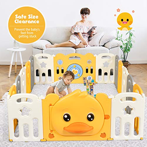 Costzon Baby Playpen, 16-Panel Portable Baby Play Yards with Yellow Duck Pattern, Door with Safety Lock, Indoor Outdoor Foldable Baby Fence with Non-Slip Rubber Bases & Rubber Suction Cups (16 Panel)